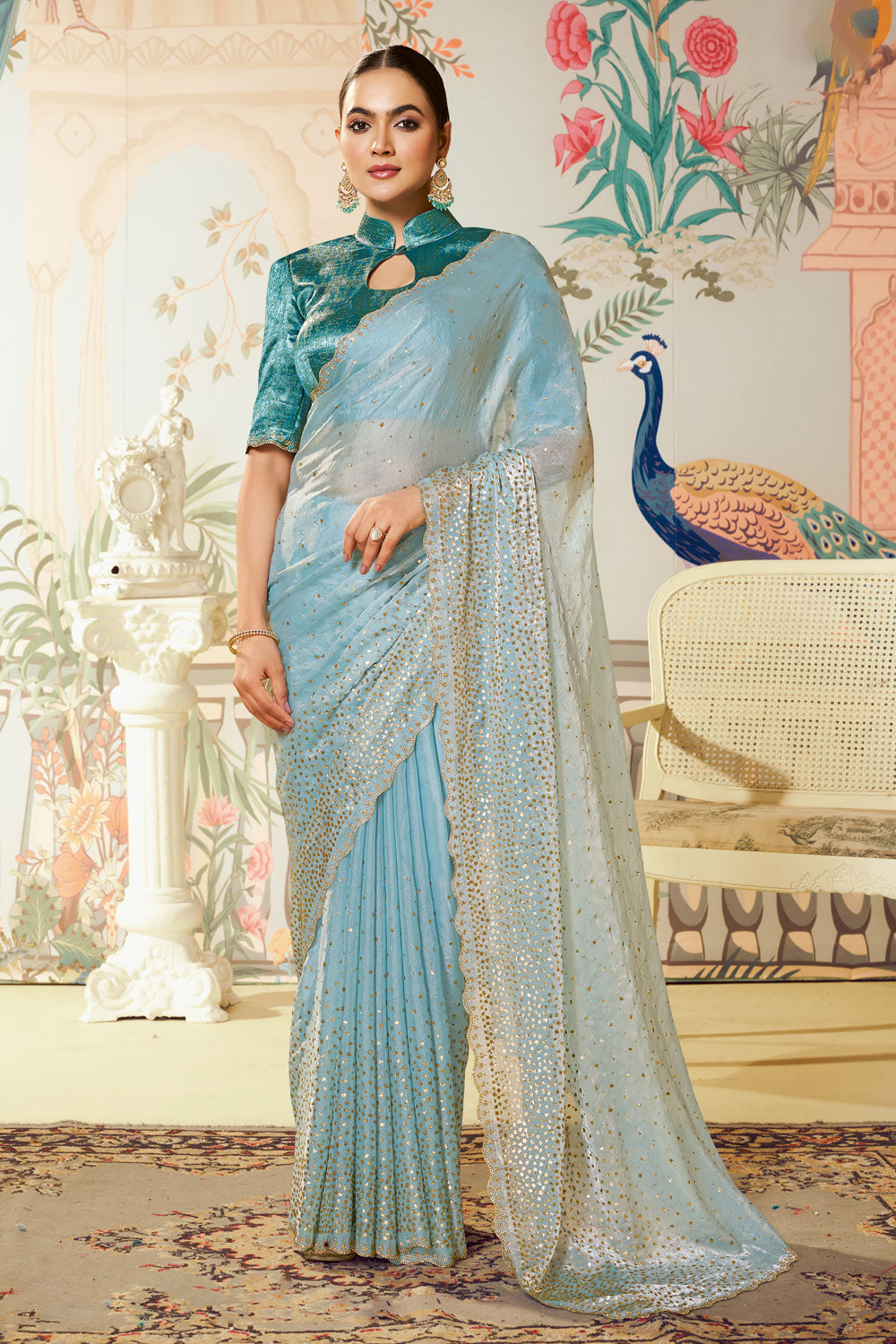 Excellent Satin Silk Fabric Light Cyan Color Saree With Border Work ...