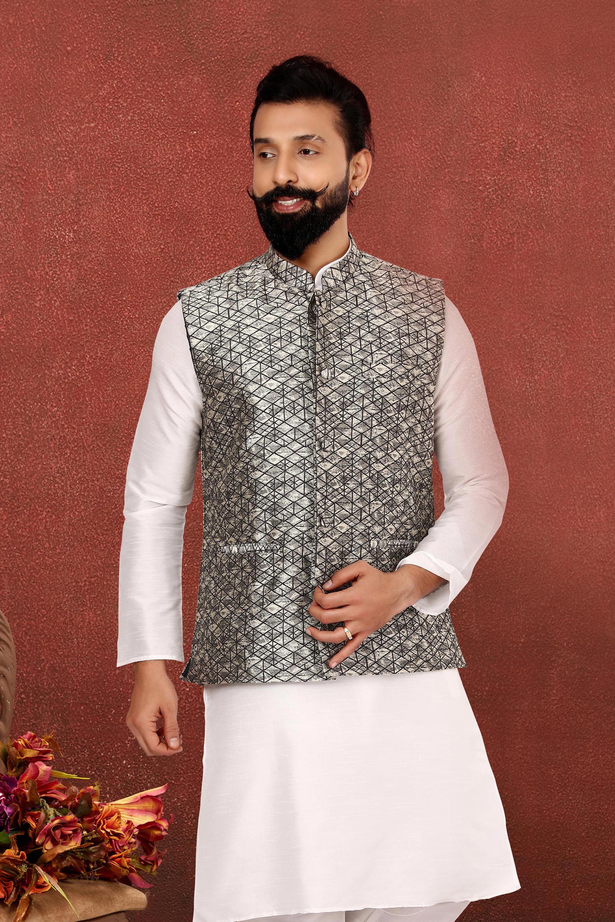 Grey Color Jacquard Silk Fabric Wedding Wear Readymade Jacket For Men