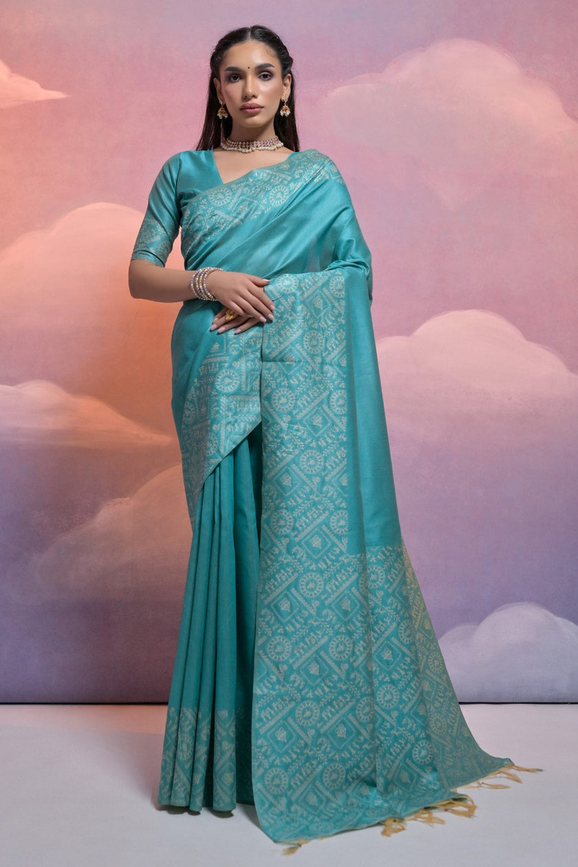 Cyan Color Handloom Raw Silk Weaving Border Work Saree – Sarees Bazaar