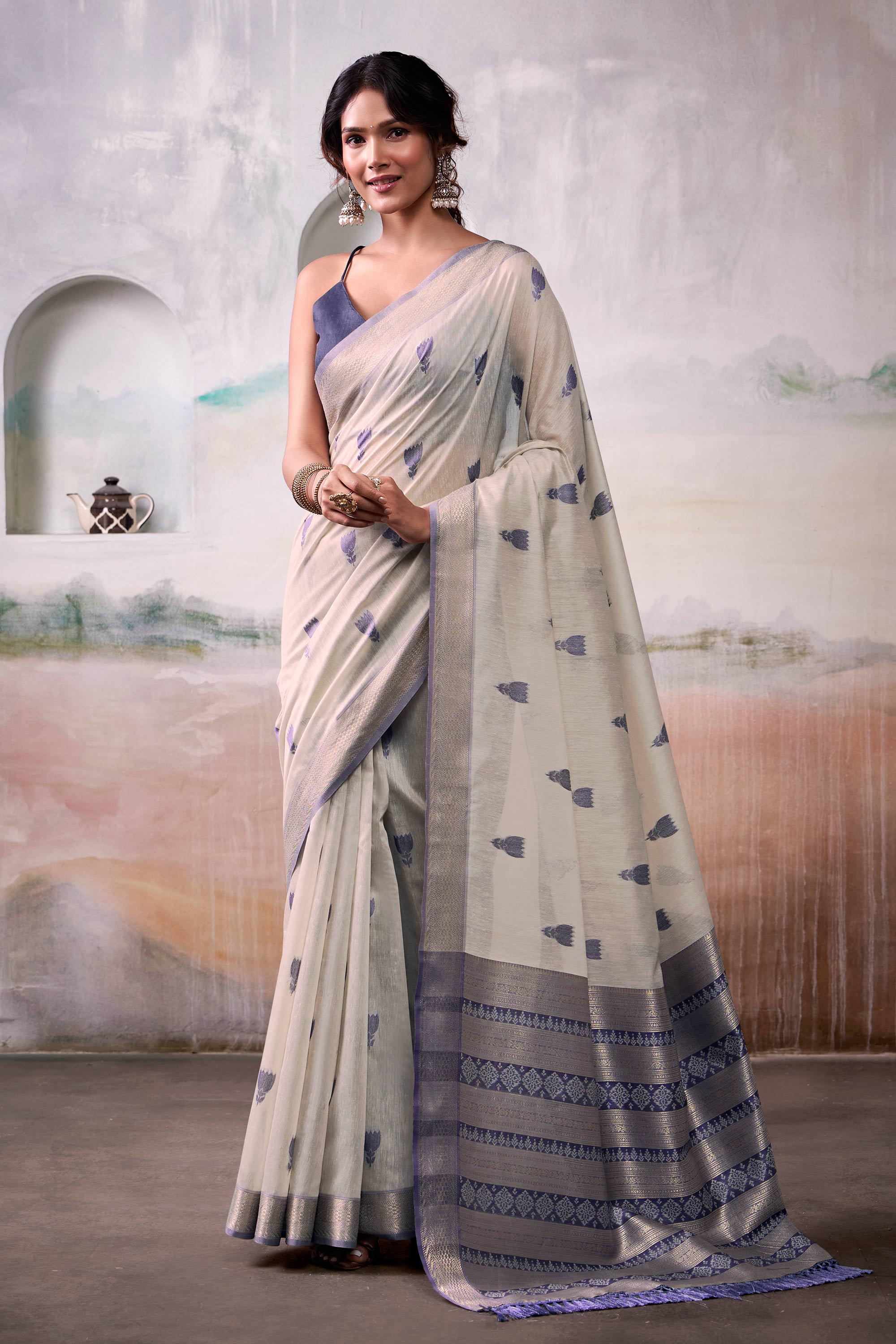 Cotton Zari Weaving Saree In Off White Color – Sarees Bazaar