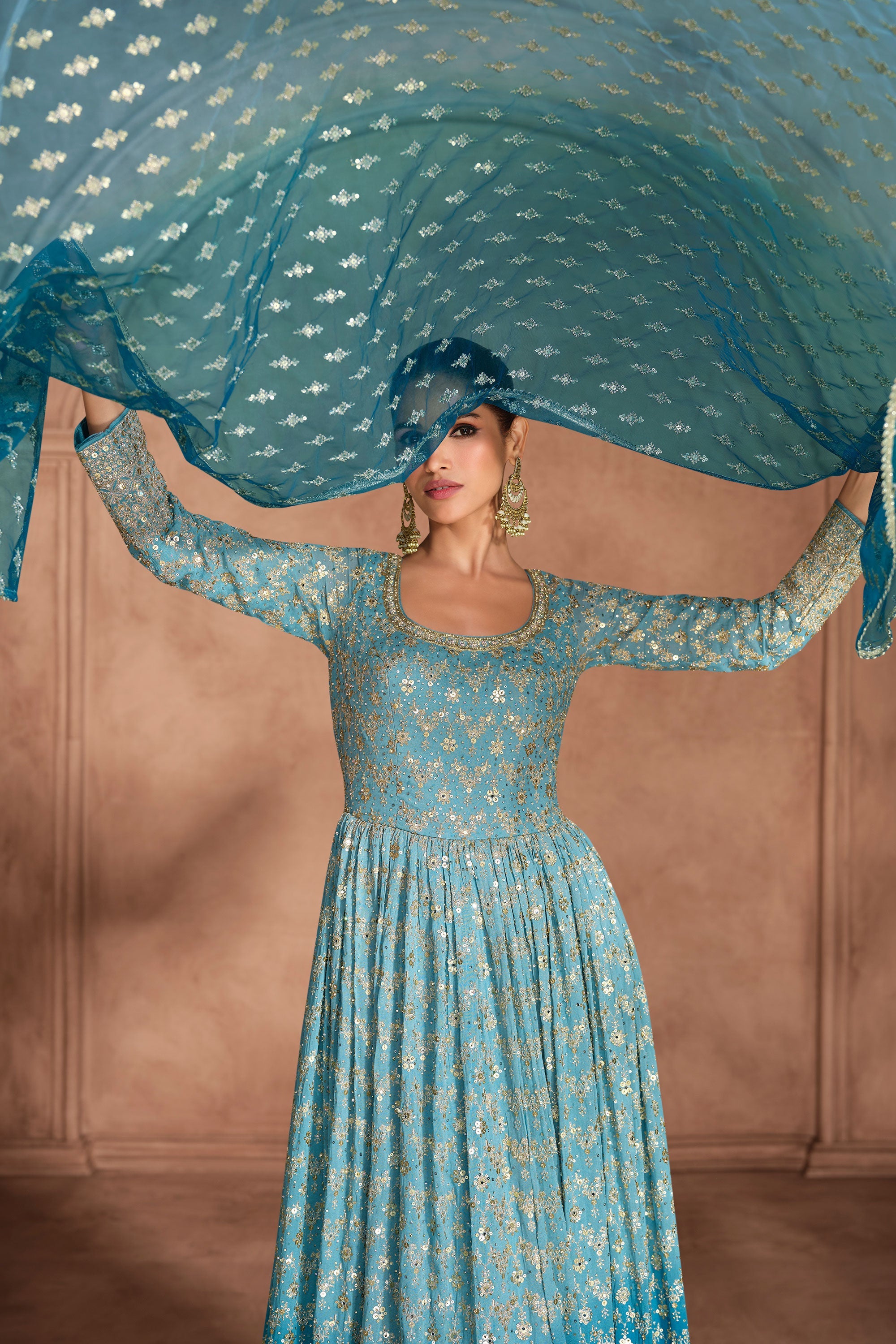 Cyan Designer Floor Touch Readymade Gown With Dupatta