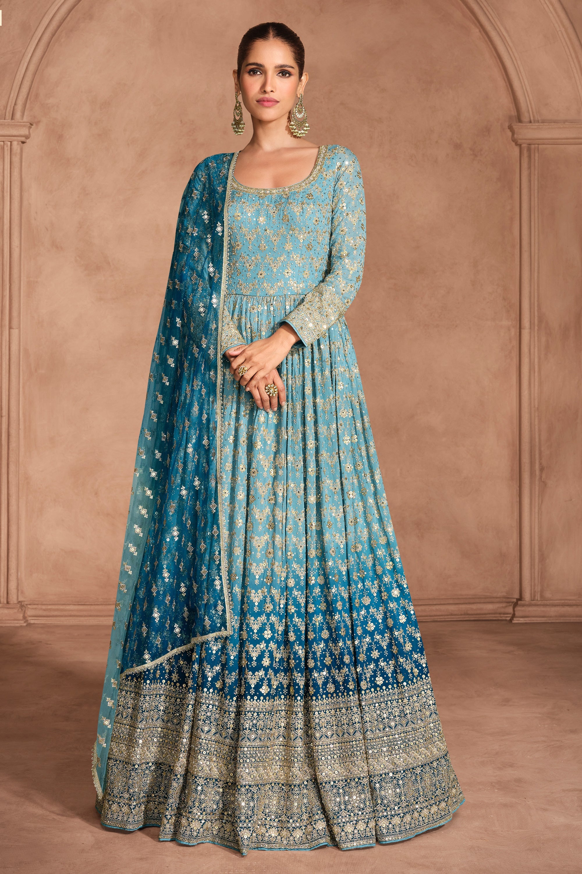 Cyan Designer Floor Touch Readymade Gown With Dupatta