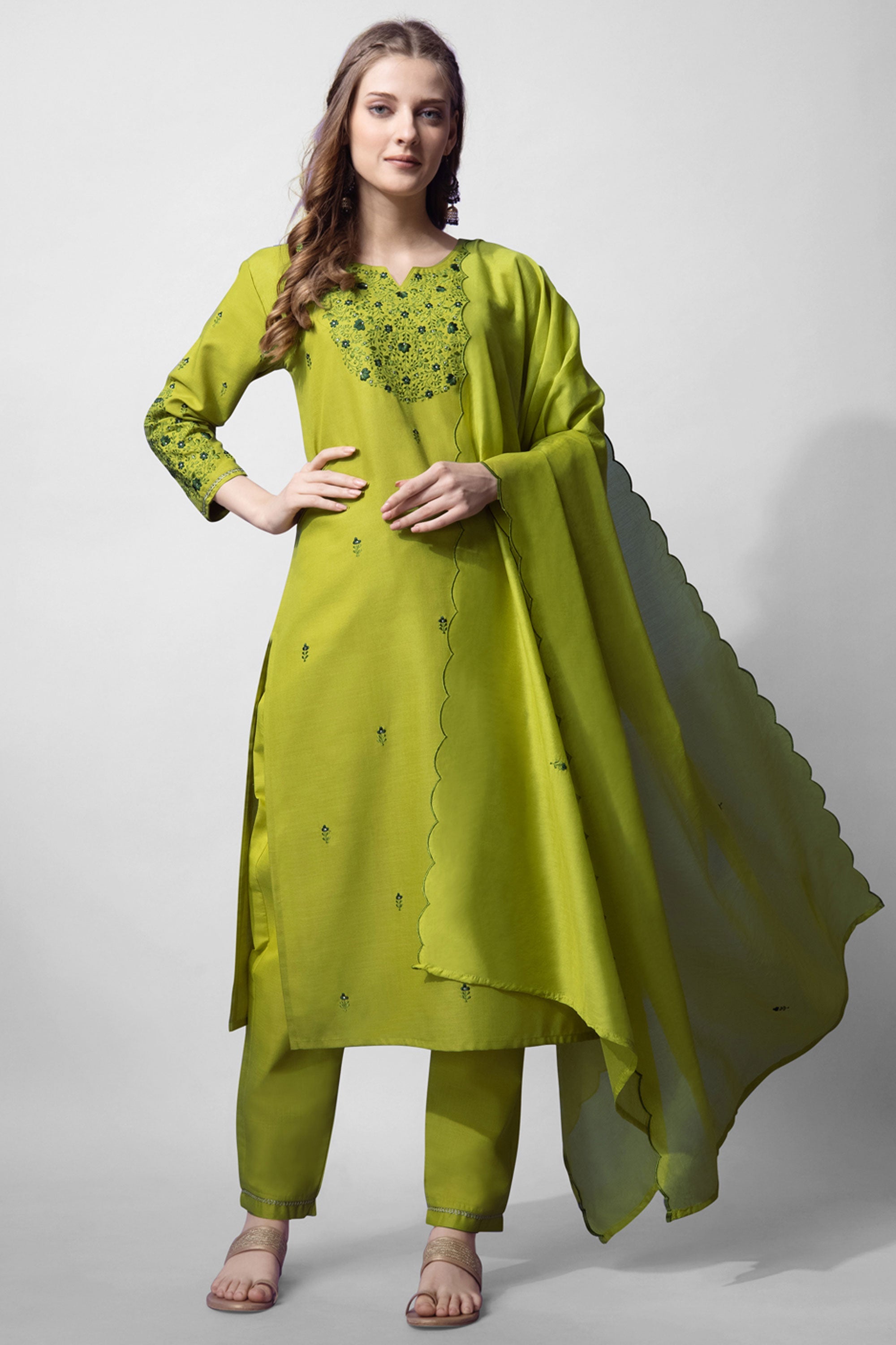 Green Color Sober Readymade Salwar Suit In Cotton Fabric