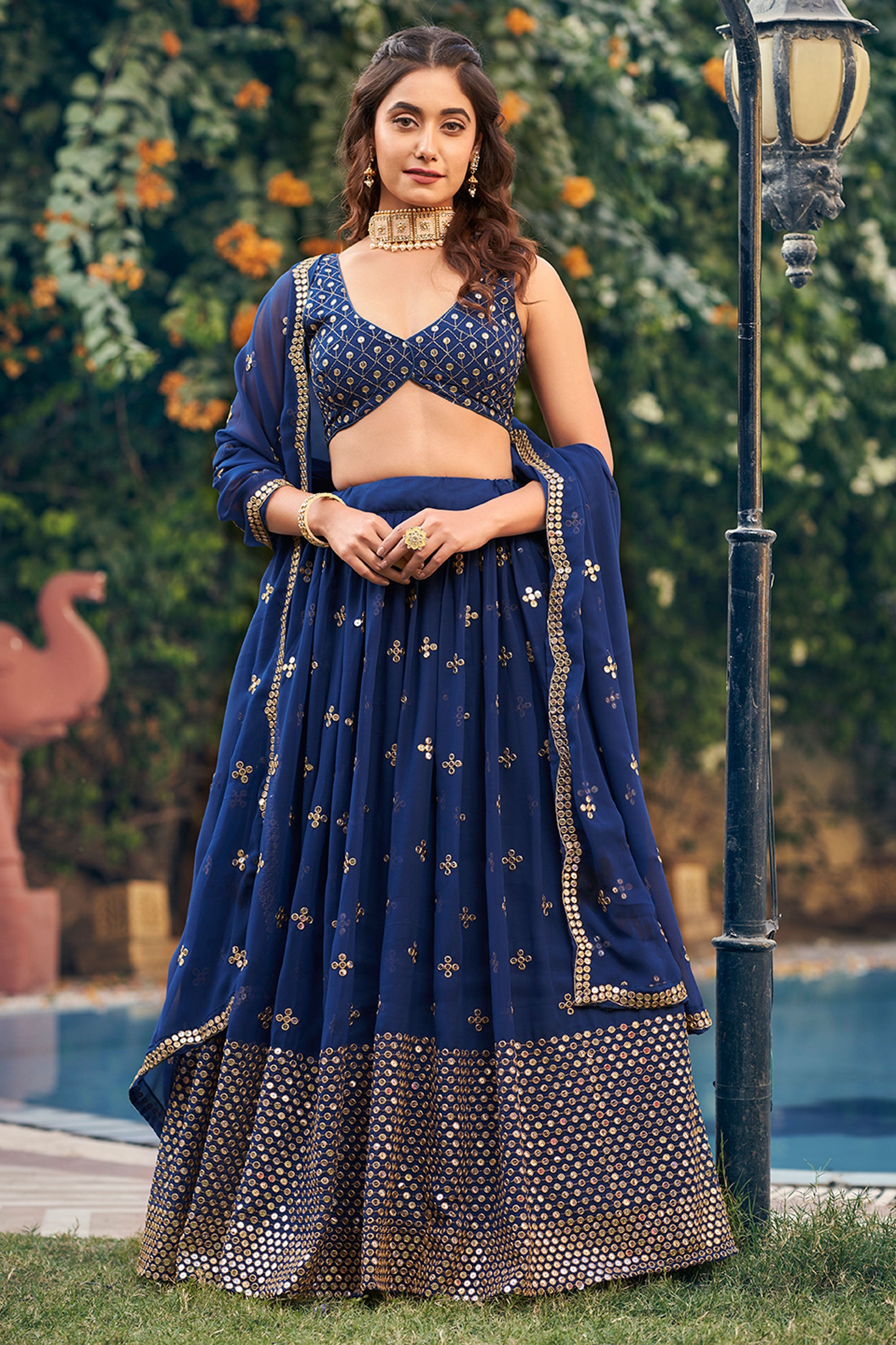 Classic Mirror Work Designs Navy Blue Color Function Wear Lehenga Chol ...