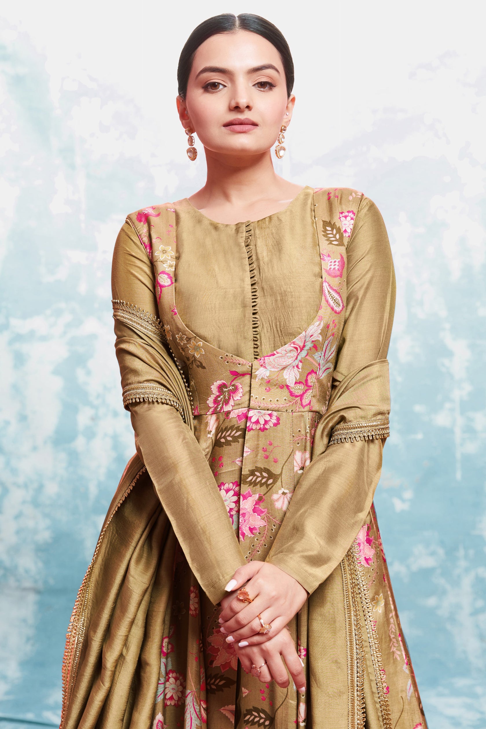 Muslin Fabric Beige Color Gorgeous Look Readymade Gown WIth Dupatta ...