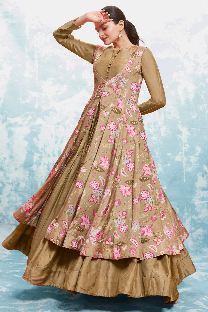 Muslin Fabric Beige Color Gorgeous Look Readymade Gown WIth Dupatta ...