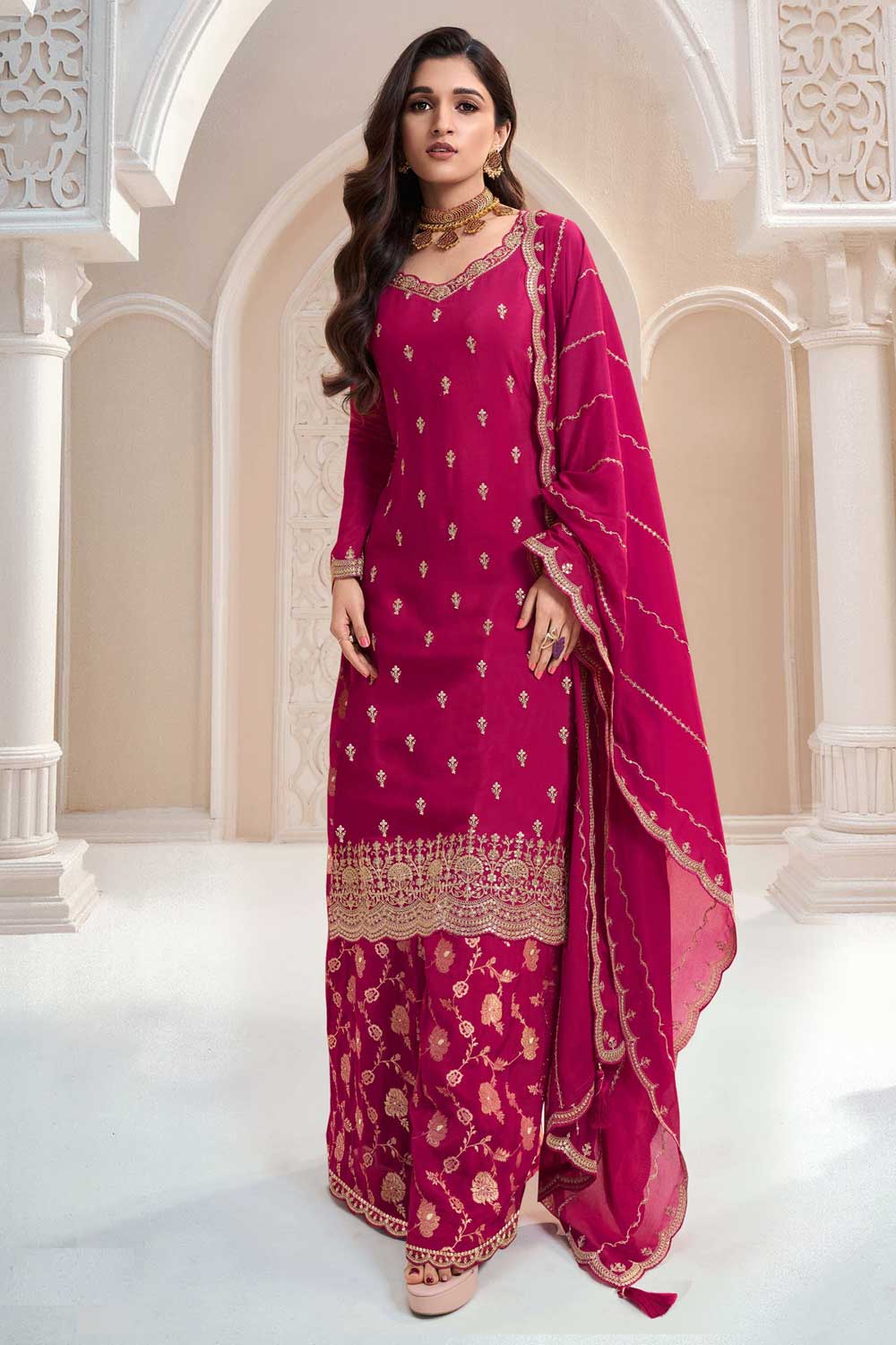 Nidhi Shah Pink Color Chinon Fabric Alluring Palazzo Suit – Sarees Bazaar