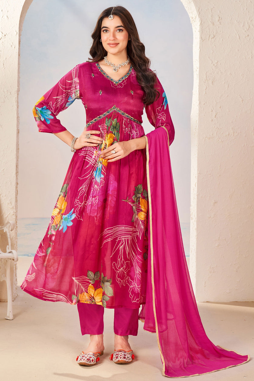 Printed Chinon Fabric Readymade Anarkali Suit In Rani Color – Sarees Bazaar