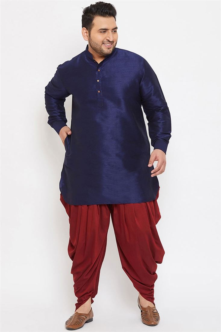 Navy Blue Color Plus Size Kurta With Dhoti Style Pyjama In Dhupion Sil ...