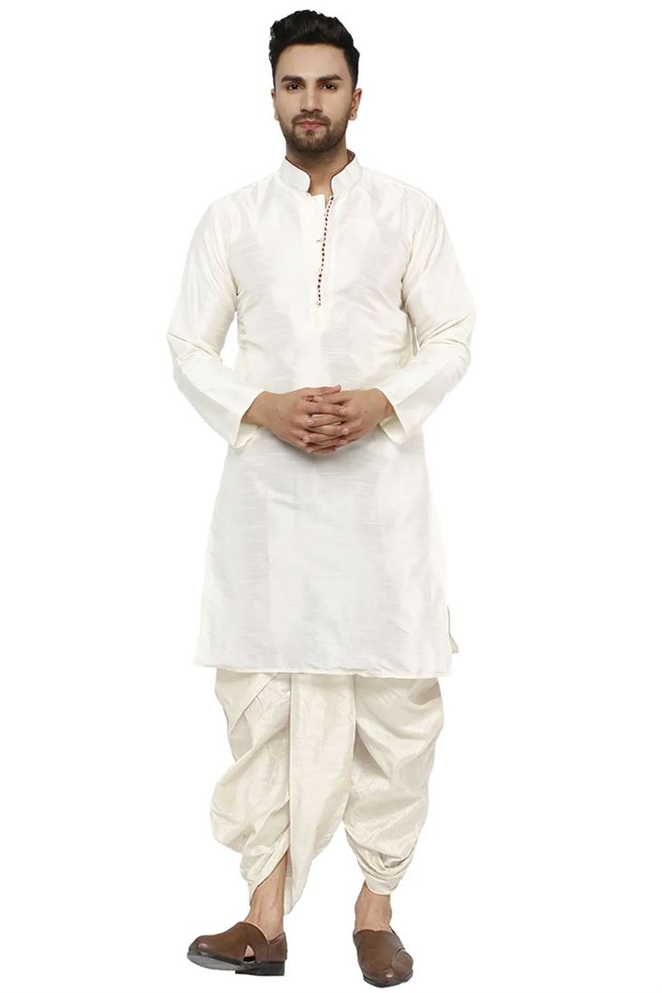 White Color Function Wear Pleasant Dhoti Style Kurta Pyjama In Dhupion ...