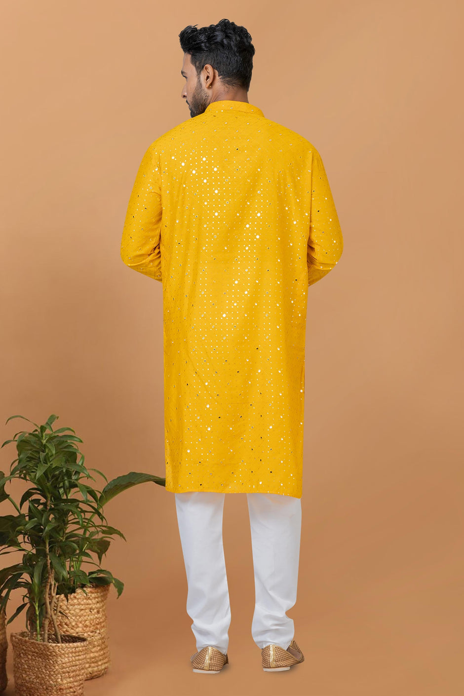 Sequins Embroidery Yellow Color Pretty Readymade Kurta Pyjama For Men
