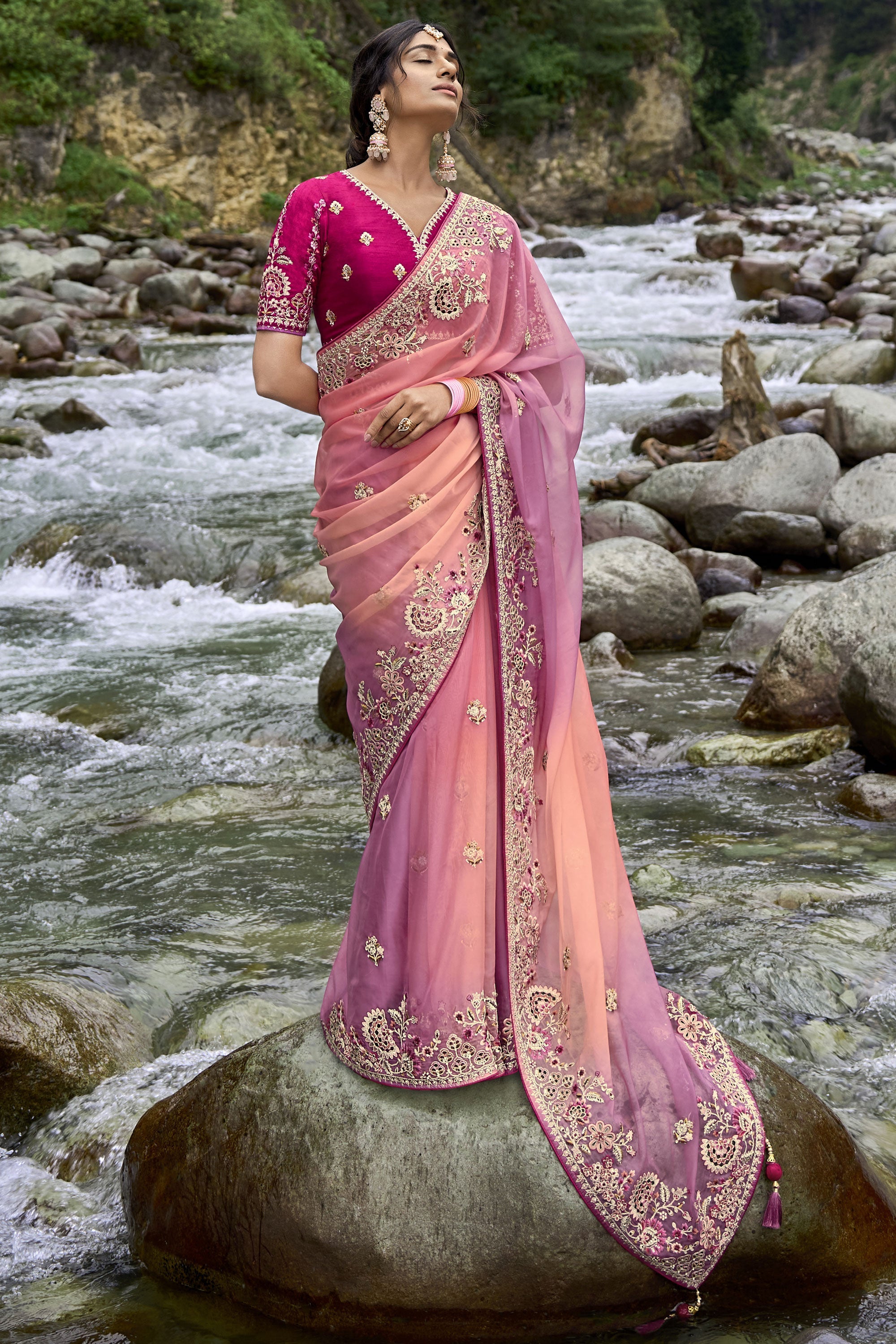 Sober Peach Color Fancy Silk Fabric Saree With Embroidered Work ...