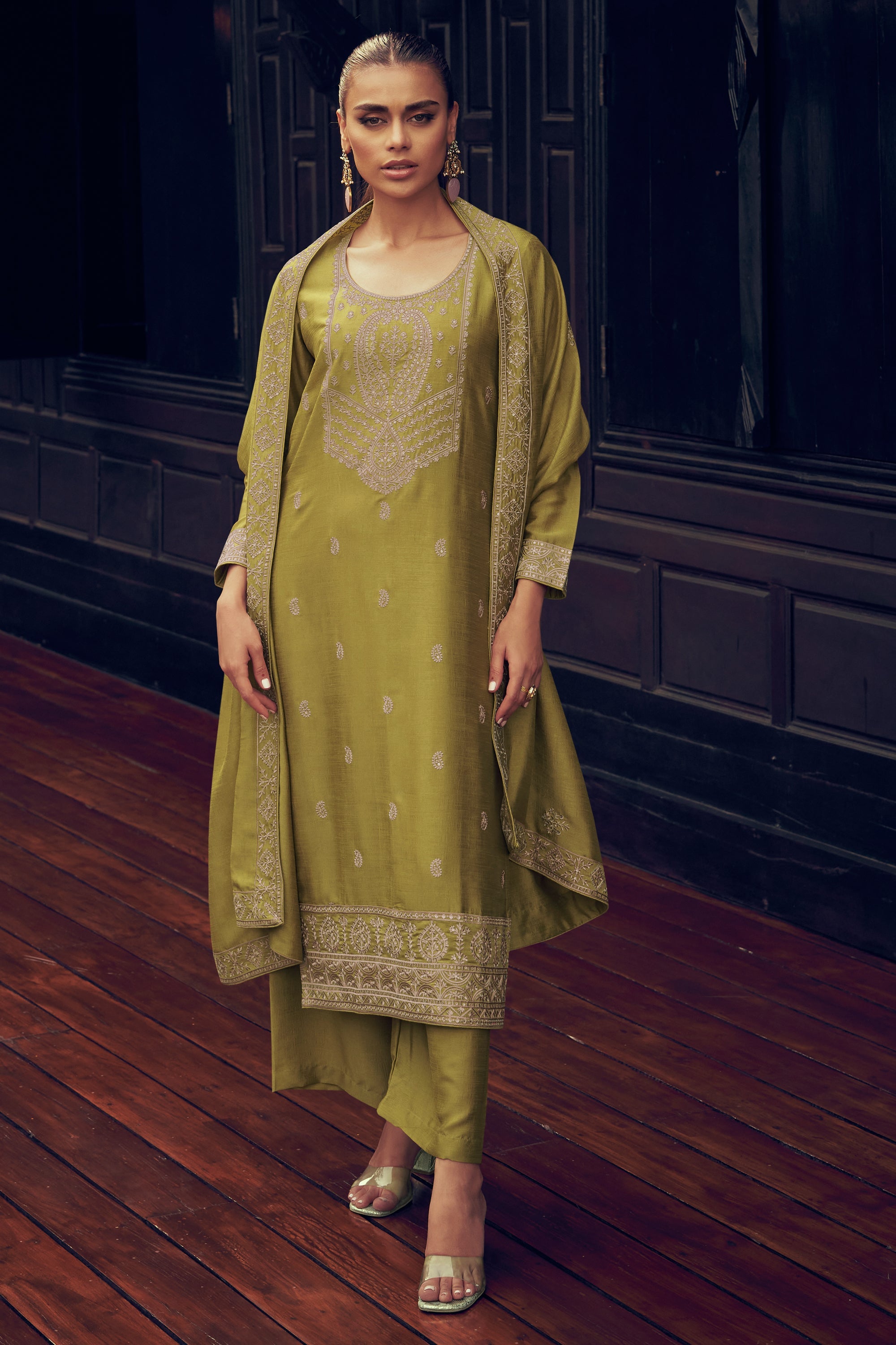 Art Silk Fabric Festive Wear Mehendi Green Color Embroidered Straight ...