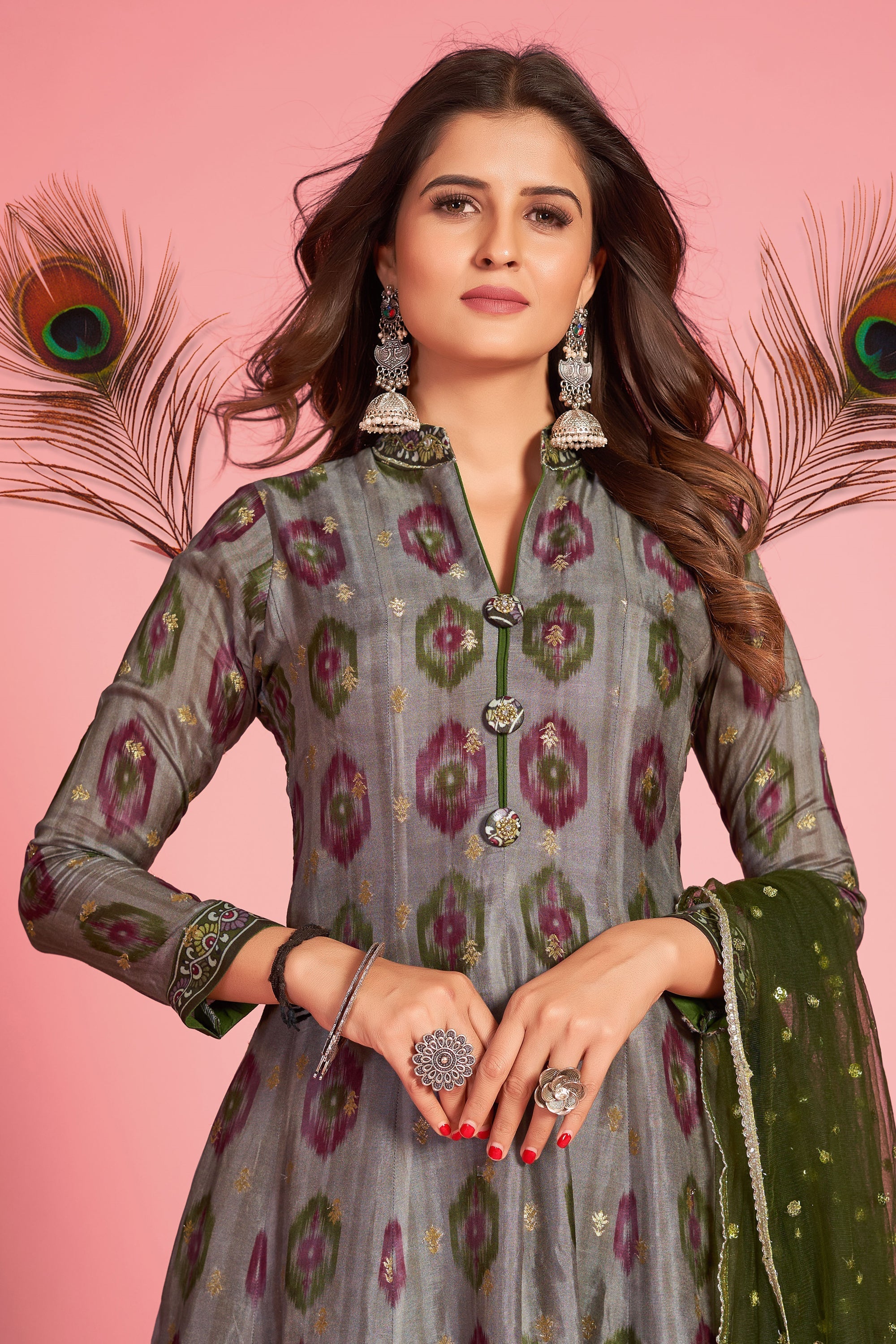 Komal Vora Dola Silk Fabric Luminous Readymade Gown With Dupatta In Gr