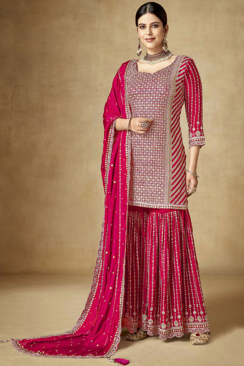 Traditional Embroidered Rani Color Palazzo Suit In Chinon Fabric ...