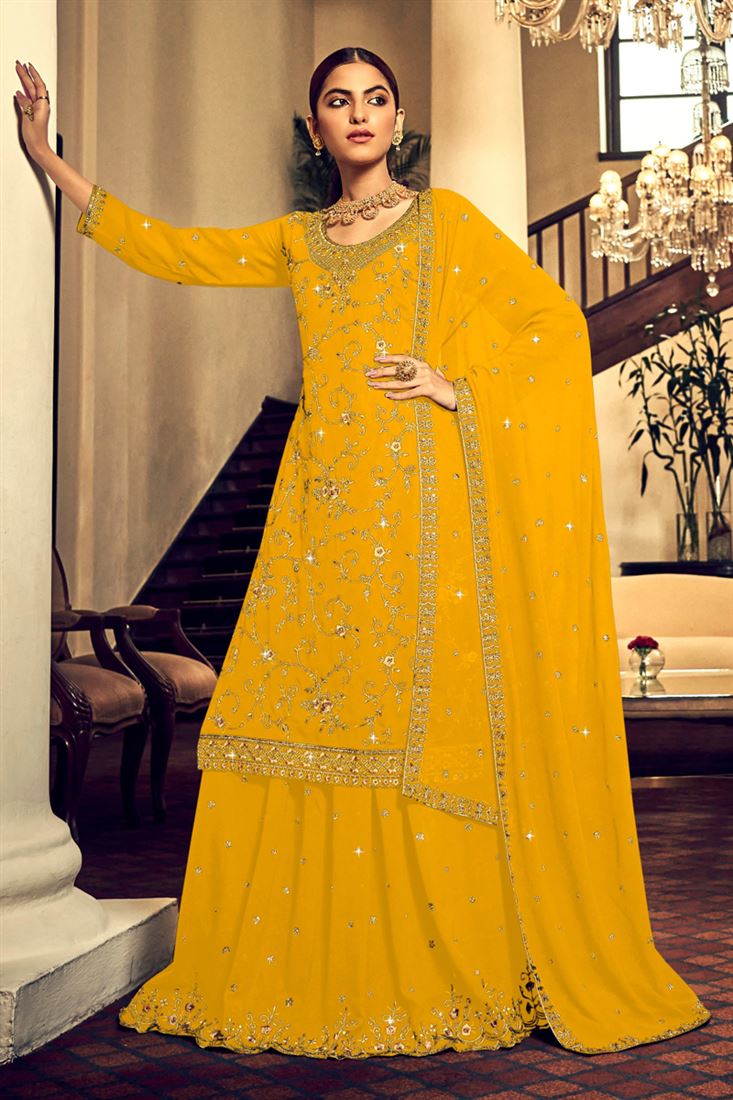 Awesome Embroidered Work On Georgette Fabric Yellow Color Sharara Top