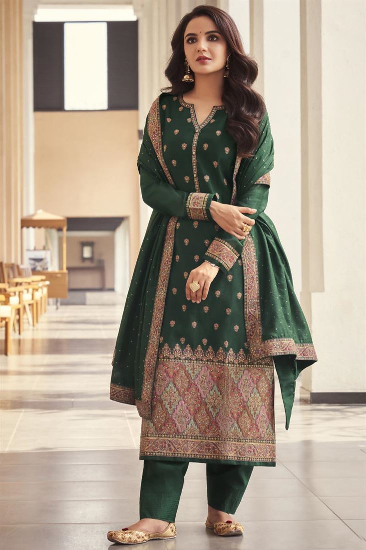 Jasmin Bhasin Fascinating Dark Green Color Jacquard Fabric Salwar Suit