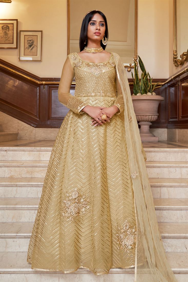 Beige Color Net Fabric Sangeet Wear Anarkali Suit With Embroidered Wor ...