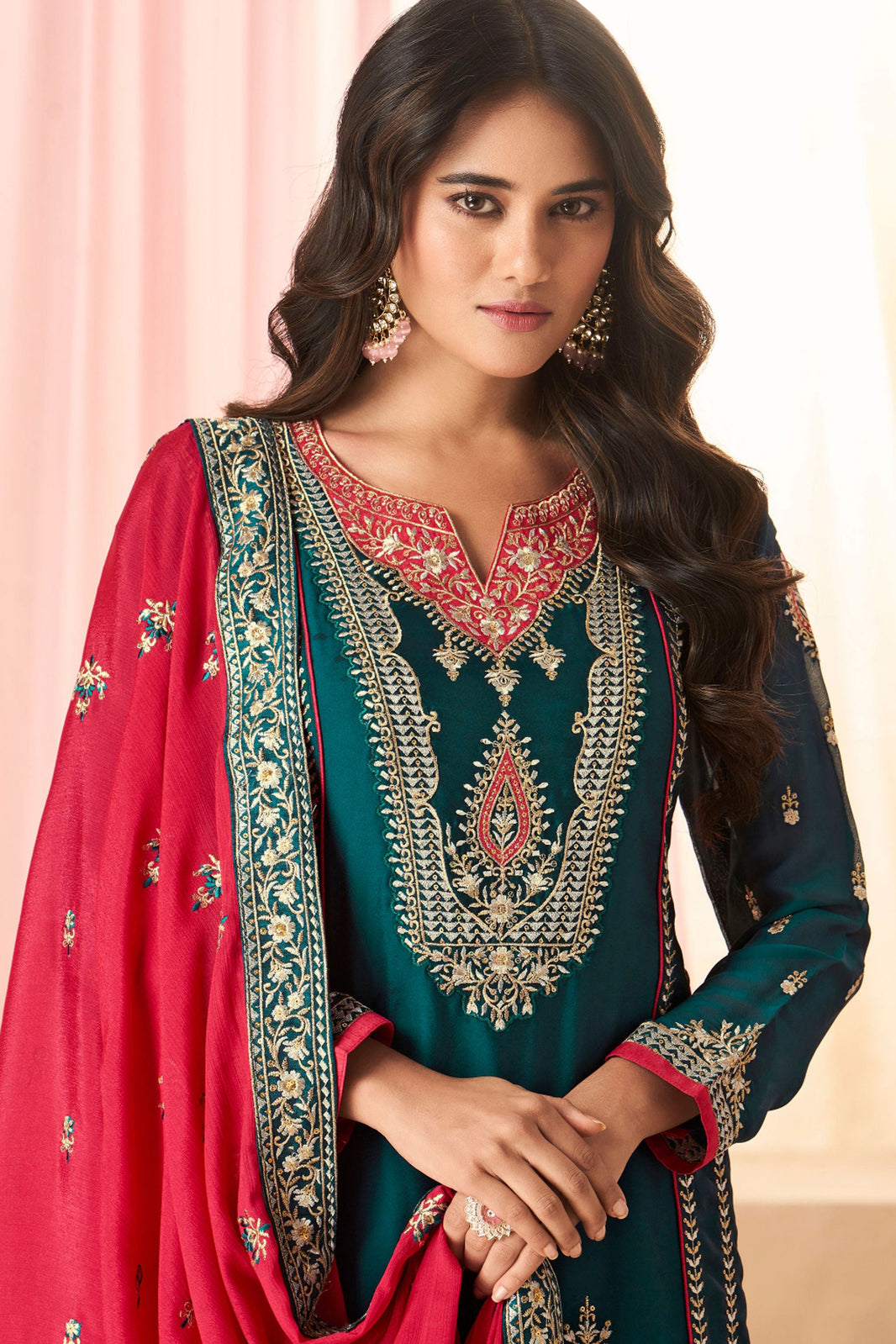 Beautiful Teal Color Embroidered Art Silk Fabric Sangeet Wear Readymad