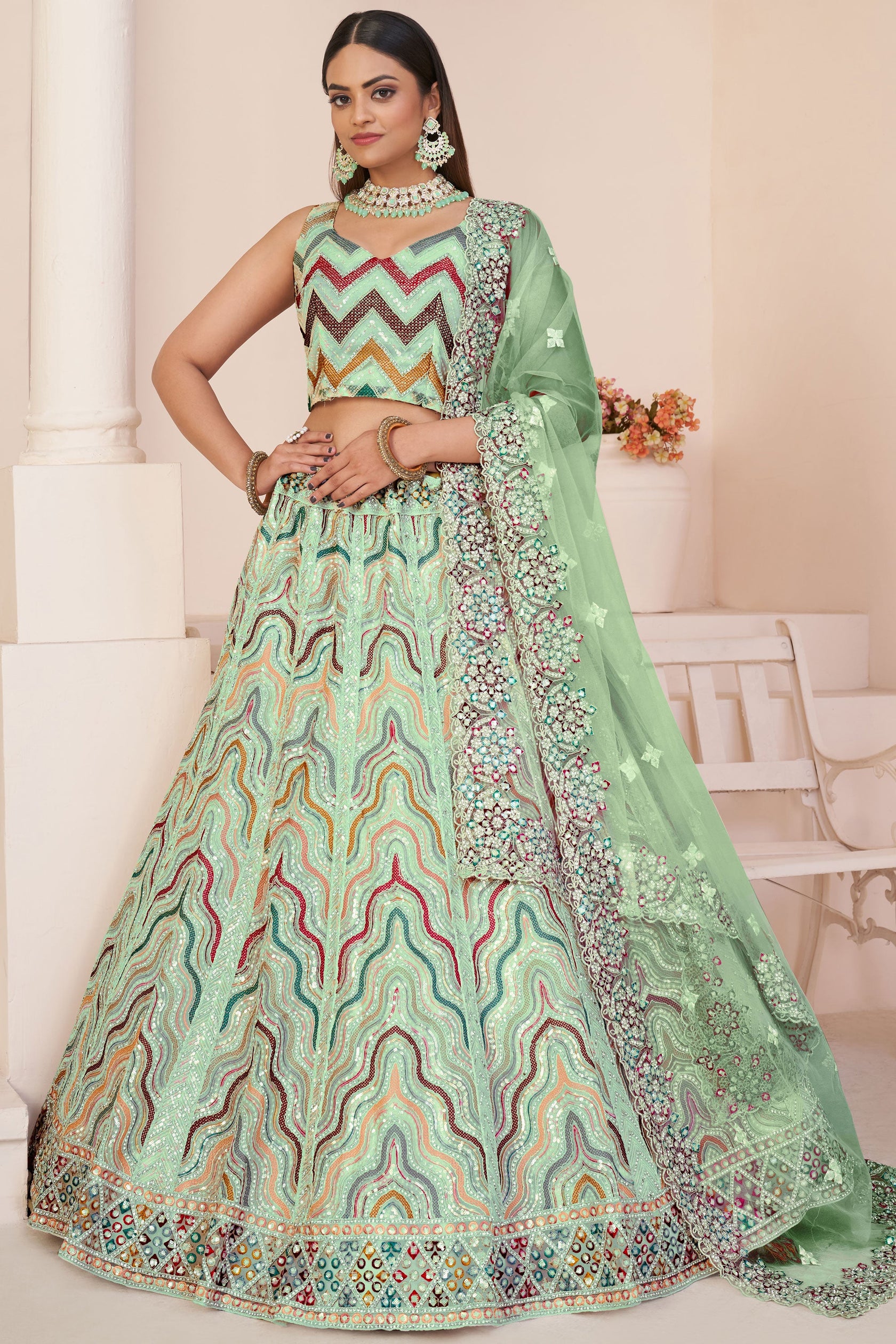 Net Fabric Wedding Wear 3 Piece Lehenga Choli In Sea Green Color With ...